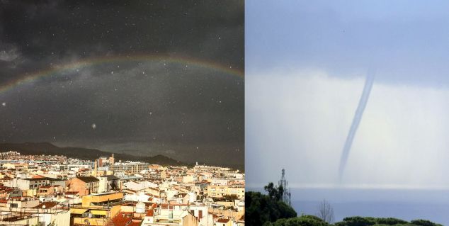 Tiempo movido en el Maresme: tromba marina y un arcoiris perfecto